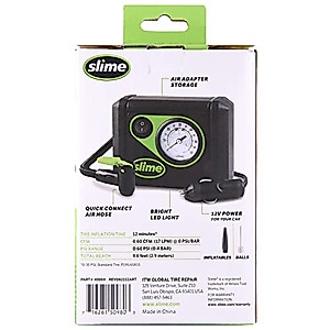 Slime 40059 Tire Inflator, Junior, Compact, Powerful, Portable Car Air Compressor, Lightweight, Analog, Flat Tire Repair, 12V, 12 min Inflation