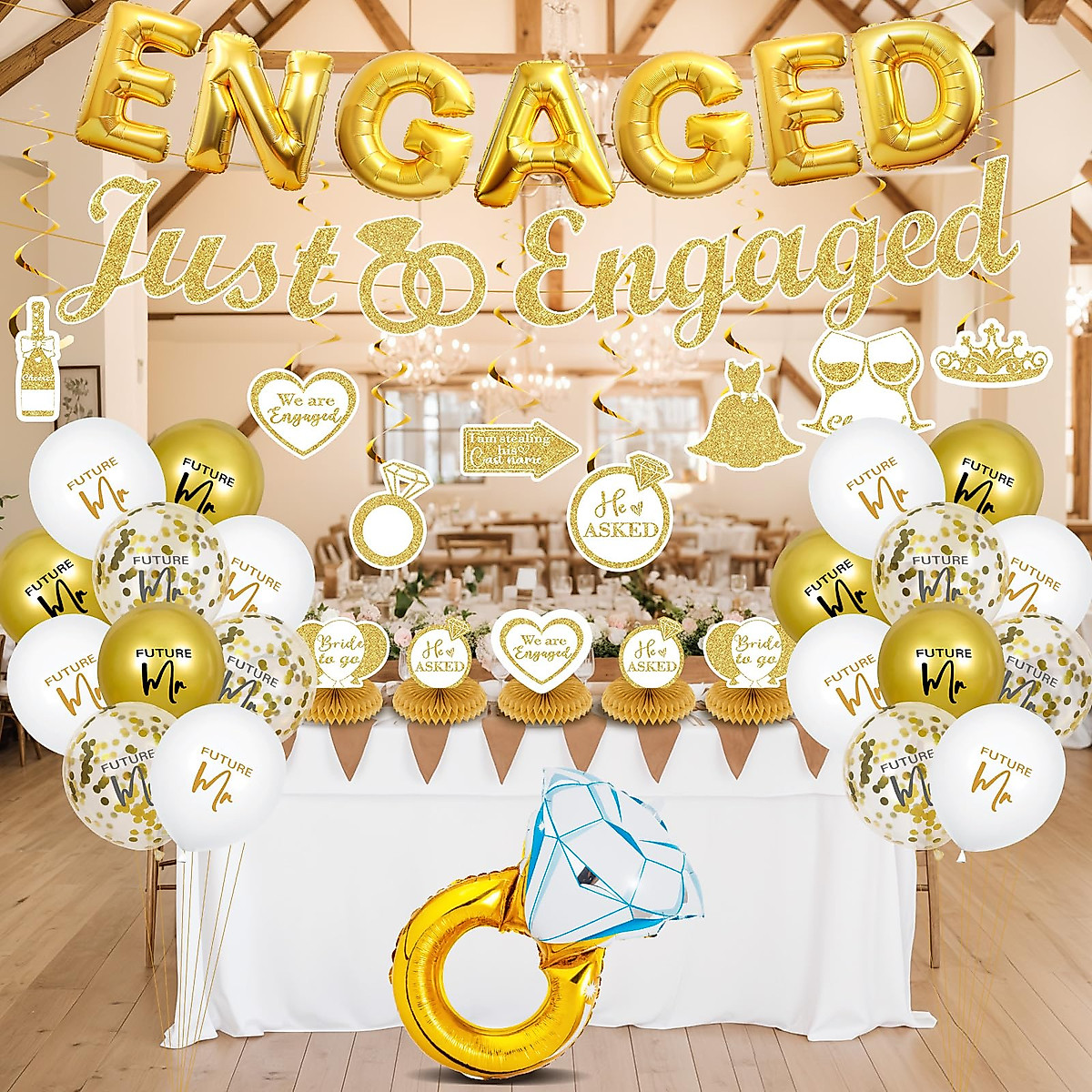 32 Pcs Gold Engagement Party Decorations Just Engaged Banner Diamond Ring Balloons White Gold Engagement Backdrop White Gold Just Married Decorations Kit for Bachelorette Bridal Engagement Party