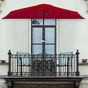 Pure Garden 9-Foot Half Patio Umbrella – Easy Crank Semicircle Opening Shade Canopy – For Against a Wall, Porch, or Balcony Furniture (Red)