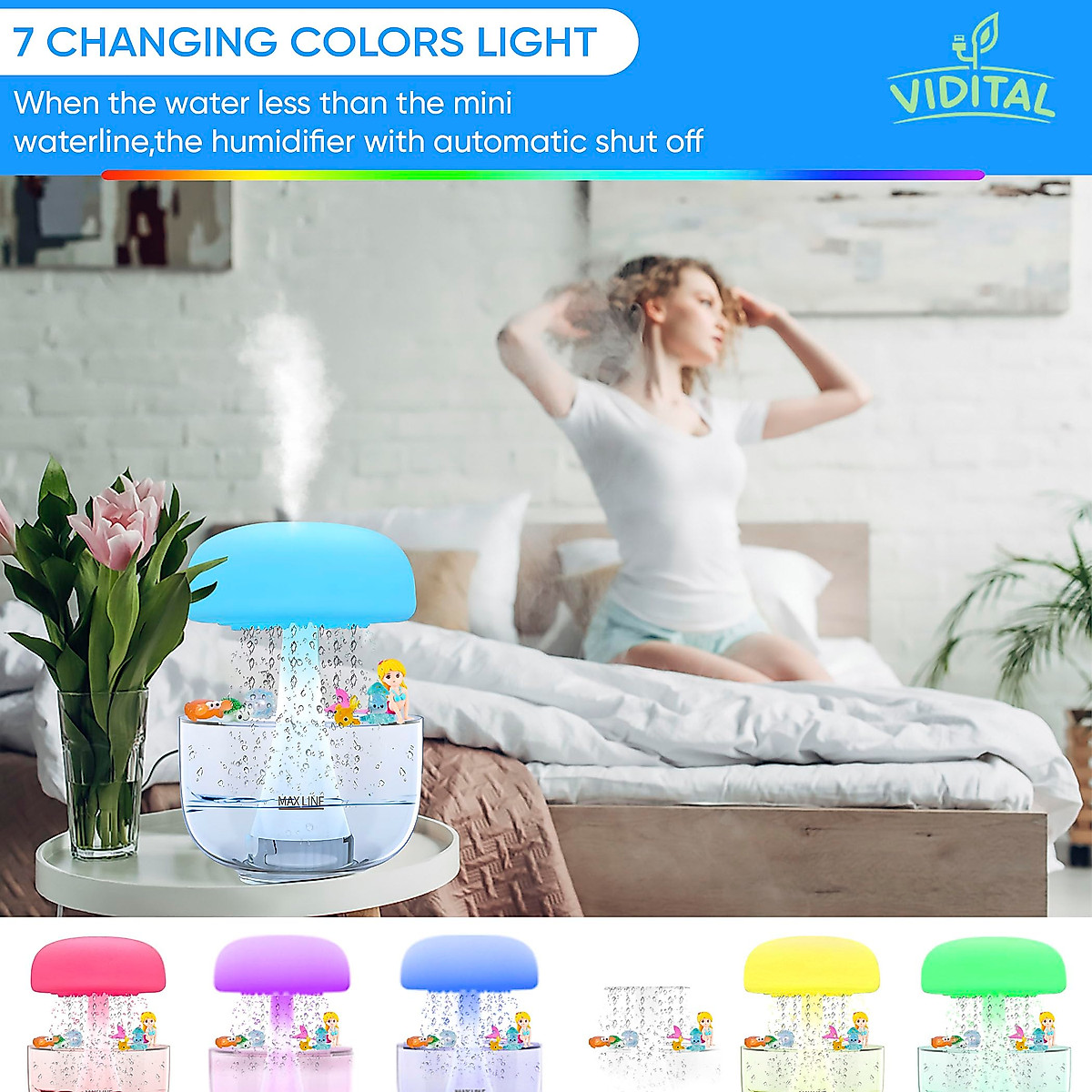 VIDITAL Raining Cloud Diffuser with Rain 7 Changing Colors, Rain Cloud Humidifier Night Light, White Noise, Relaxing Rain Sounds Aid, ECO-Friendly, 6 Decorations Included