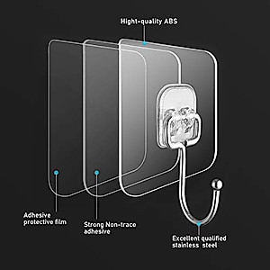 Large Adhesive Wall Hooks 22dl(max) Heavy Duty Wall Hooks for Hanging ,Waterproof and Rustproof,Bathroom Kitchen Transparent Reusable Self Adhesive Hooks，8Pack