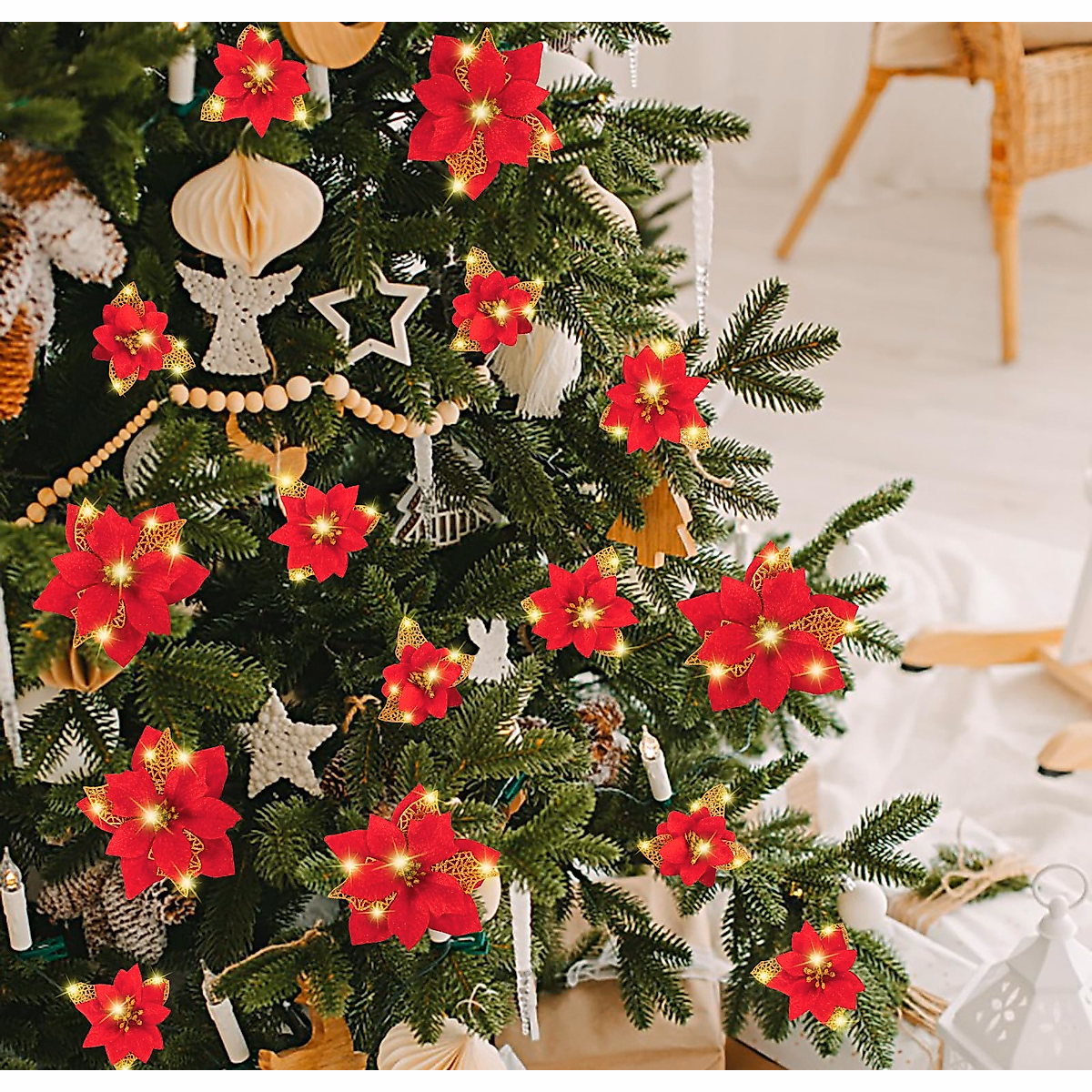 Geefuun 28PCS Christmas Tree Decorations: Poinsettias Artificial Flowers Ornaments Xmas Red Glitter Flower with Clips,3 Sizes(Not Included Stems)