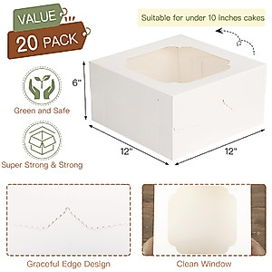 TOMNK 20pcs Cake Boxes, 12x12x6Inch White Bakery Boxes with Window, Disposable Cake Caddy Carrier Container for Valentine's Day, Mother's Day, Pie Pastries Cookies Cakes