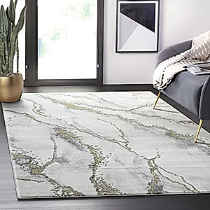 Abani Contemporary Grey & Metallic Gold Area Rug, Non-Shed Modern Rugs Marble Print 7'9" x 10'2" (8x10) Dining Room Rug