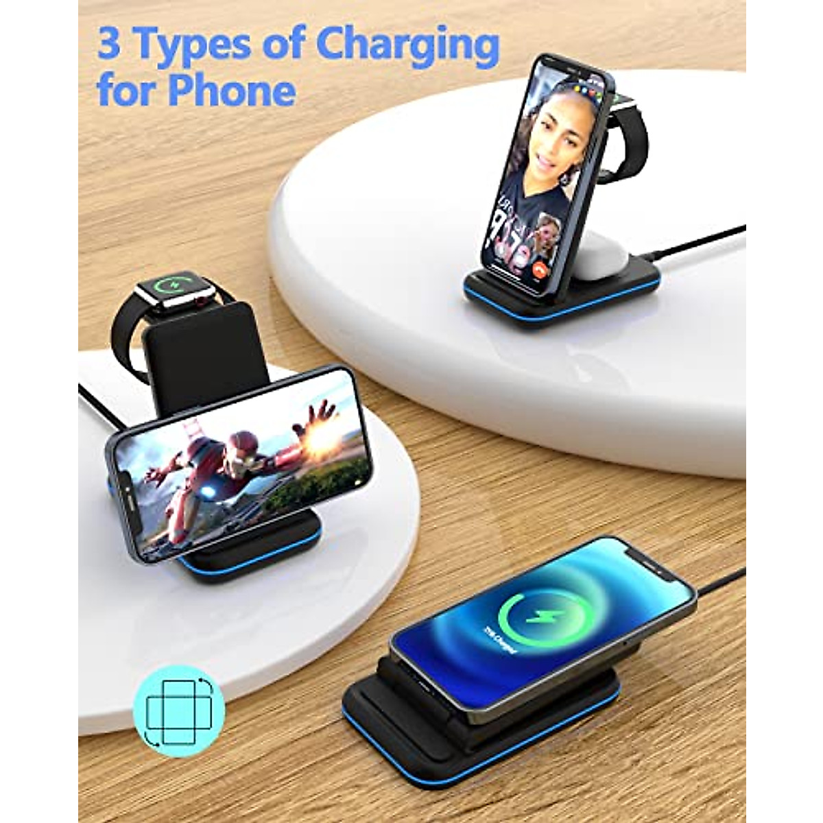 Wireless Charging Station, KOOPAO 3 in 1 Fast Wireless Charger Stand Dock Compatible with iPhone 14/13/12/11/Pro/Max/XR/XS/X, Fit for iWatch Series 7/6/5/SE/4/3/2, Airpods Pro/2/3 (with Adapter)