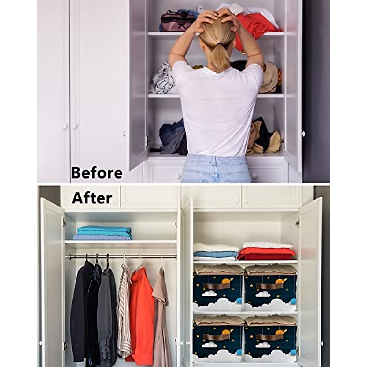 Storage Bins, Space Theme Cute Rocket Planet Pattern Storage Baskets for Organizing Closet Shelves Clothes Decorative Fabric Baskets Large Storage Cubes with Handles