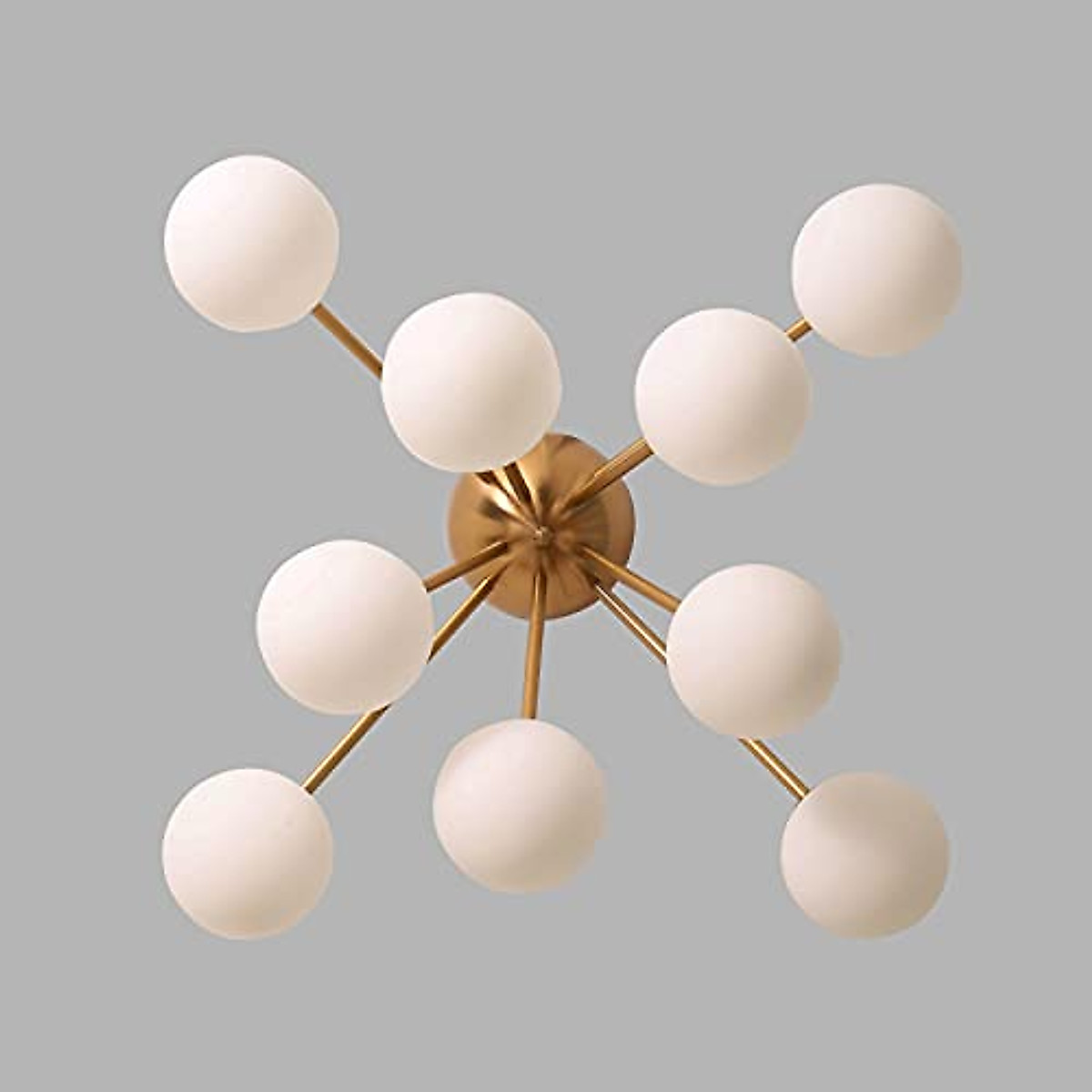 BAODEN Large 9 Lights Modern Globe Semi Flush Mount Ceiling Light Mid Century Sputnik Chandeliers with White Globe Glass Lampshade Brushed Brass Elegant Light Fixture for Living Room Lighting(Gold)