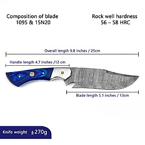 Grace Knives Handmade Damascus Steel Knife Hunting Knife 9.5 inches Fixed Blade Knife With Sheath G-1079 PW