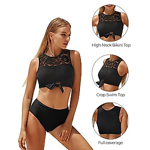Tempt Me Women Black High Neck Bikini Top Swim Crop Top Tie Knot Front Lace Swimsuit Top Only XXL