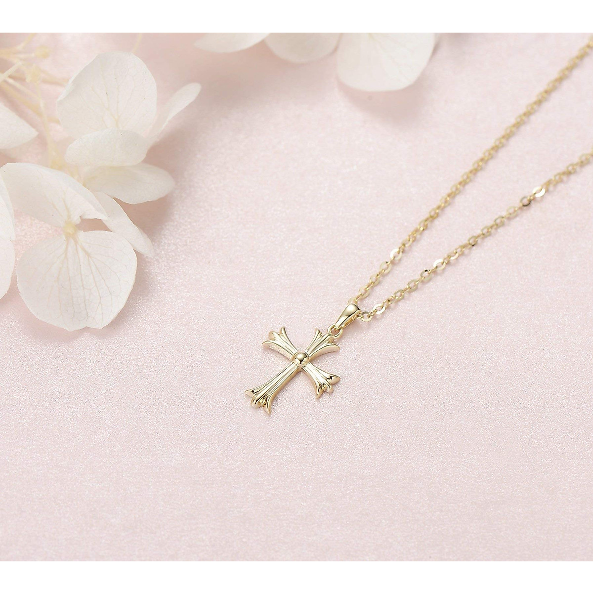FANCIME SOLID REAL 14K Yellow Gold SMALL TINY Little Cute Embossed Cross Crucifix Delicate Necklace Dainty Pendant Fine Jewelry For Women, With 16+2" Solid Gold Cable Chain