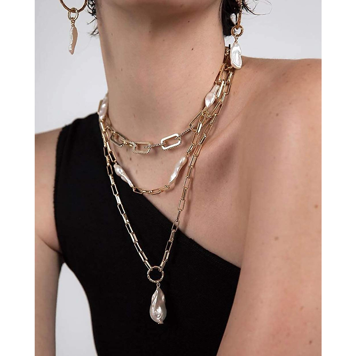 Baroque Pearls Pendant Necklaces Freshwater Cultured Pearls Necklace Pendant 18K Gold Paperclip Chain Necklaces 22inch for Women Vintage Jewelry