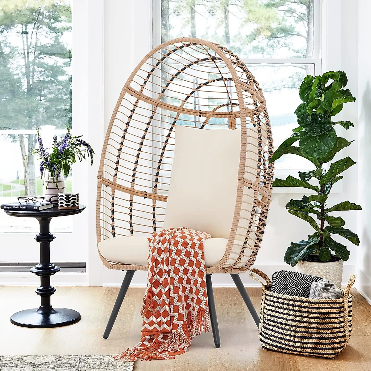 Patiorama Wicker Egg Chair Outdoor Indoor, Rattan Lounge Chair for Outside w/Legs Cushion, Basket Wicker Chair for Bedroom Living Room Front Porch Backyard Garden 350 lbs Capacity (Creamy White)