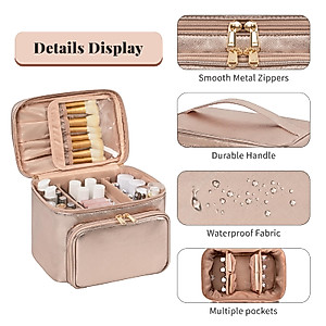 Makeup Bag Organizer,Travel Makeup Bags for Women,Cosmetic Case Organizer Fits Bottles Vertically, Toiletry Bag with Adjustable Dividers and Lipstick Organizer Holder - Rose Gold
