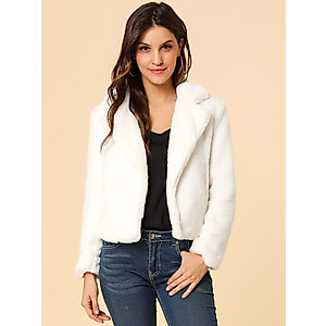 Allegra K Women's Cropped Faux Fur Jacket Lapel Cardigan Shrug 2024 Winter Fluffy Faux Fur Coat Large White