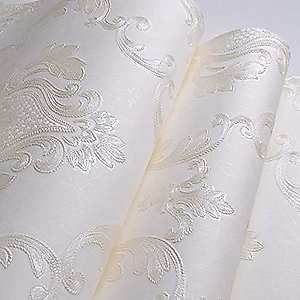 AMINAH DECO Decorative Floral Wallpaper Non-Woven Cream White Damask Textured Wall Paper Home Decoration,20.8 in X 393.00 in [ Not Peel and Stick ]