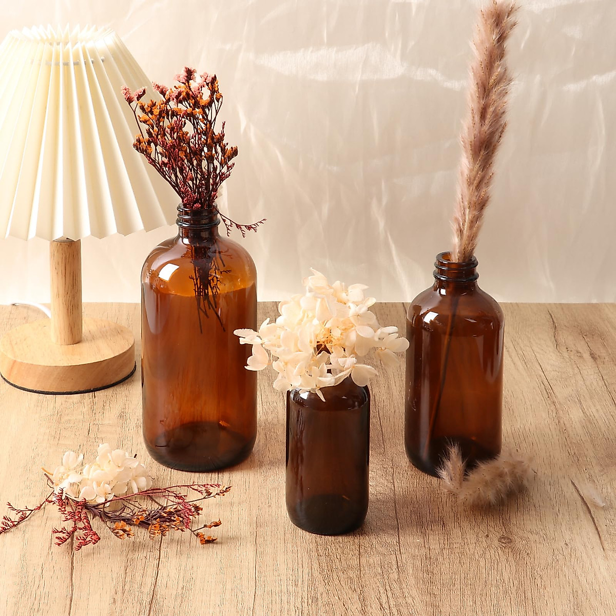 STARSIDE 12 Pack 16 oz Amber Glass Bottles with Lids, 480 ml Round Boston Bottles for Essential Oils, Hot Sauce, Juice, Liquids, Include 2 Funnel, 12 Labels.