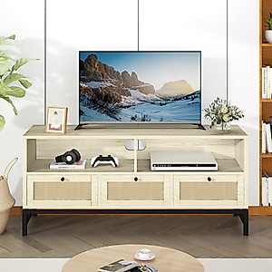Lamerge 47.2" Rattan TV Cabinet/TV Stand/TV Table with 3 Drawers,Media Console,Boho Farmhouse Entertainment Center,Storage Cabinet for Living Room or Media Room,Natural Oak