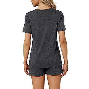 RUBZOOF Pajamas for Women Shorts Set Casual V Neck Short Sleeve Summer 2 Piece Lounge Sets Dark Grey M