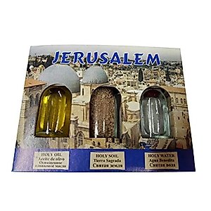 Bethlehem Gifts TM 3 in 1 Holy Land Collection Holy Jordan River Water, Jerusalem Soil, Bethlehem Olive Oil