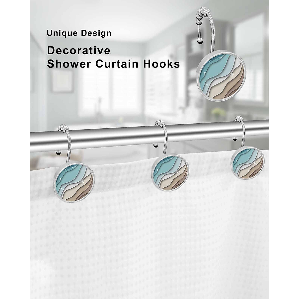 Turquoise Brown Cream Shower Curtain Hooks, Beach Geometric Gradient Striped Teal Decorative Shower Curtain Hooks for Bathroom Abstract Modern Stainless Steel Rustproof Shower Curtain Rings Set of 12