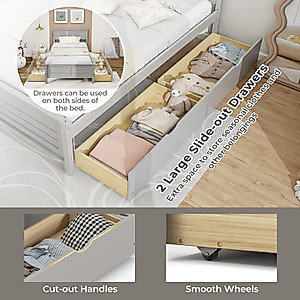 Giantex Wood Twin Bed with 2 Storage Drawers, Solid Wood Platform Bed with Headboard, Wooden Slats Support Mattress Foundation, No Spring Needed, Twin Bed Frame for Kids, Teens, Adults, Grey