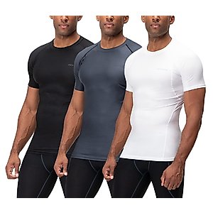 DEVOPS 3 Pack Men's Cool Dry Short Sleeve Compression Shirts, Sports Baselayer T-Shirts Tops, Athletic Workout Shirt (Medium, Black/Charcoal/White)