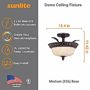 Sunlite 46005 15-Inch Traditional Dome Ceiling Light, Classic Ornate Semi Flush Mount, Alabaster Glass Shade, 3 Sockets (Bulbs Not Included), for Bedrooms, Hallways & Bathrooms, Weathered Bronze