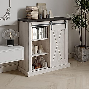 OLD CAPTAIN 32" Farmhouse Coffee Bar, Wooden Coffee Bar Cabinet with Sliding Barn Door, Kitchen Storage Cabinet with Adjustable Storage Shelves for Kitchen, Dining, Living Room (White)