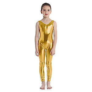 YiZYiF Kids Girls Full Length Gymnastic Unitard Long Sleeve Ballet Dance Leotard Child Shiny Tight Dance Gym Jumpsuit Gold 3-4