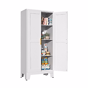 RISTERN White Kitchen Pantry Storage Cabinet, Steel Locker Storage Cabinet, Metal Storage Cabinet with Doors and 3 Adjustable Shelves, for Living Room, Laundry Room and Dinning Room