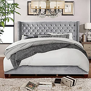 NHI Express Contemporary Velvet Upholstered Deep Button Tufting Solid Frame Platform Bed with Wood Slats King/Queen Size, Silver