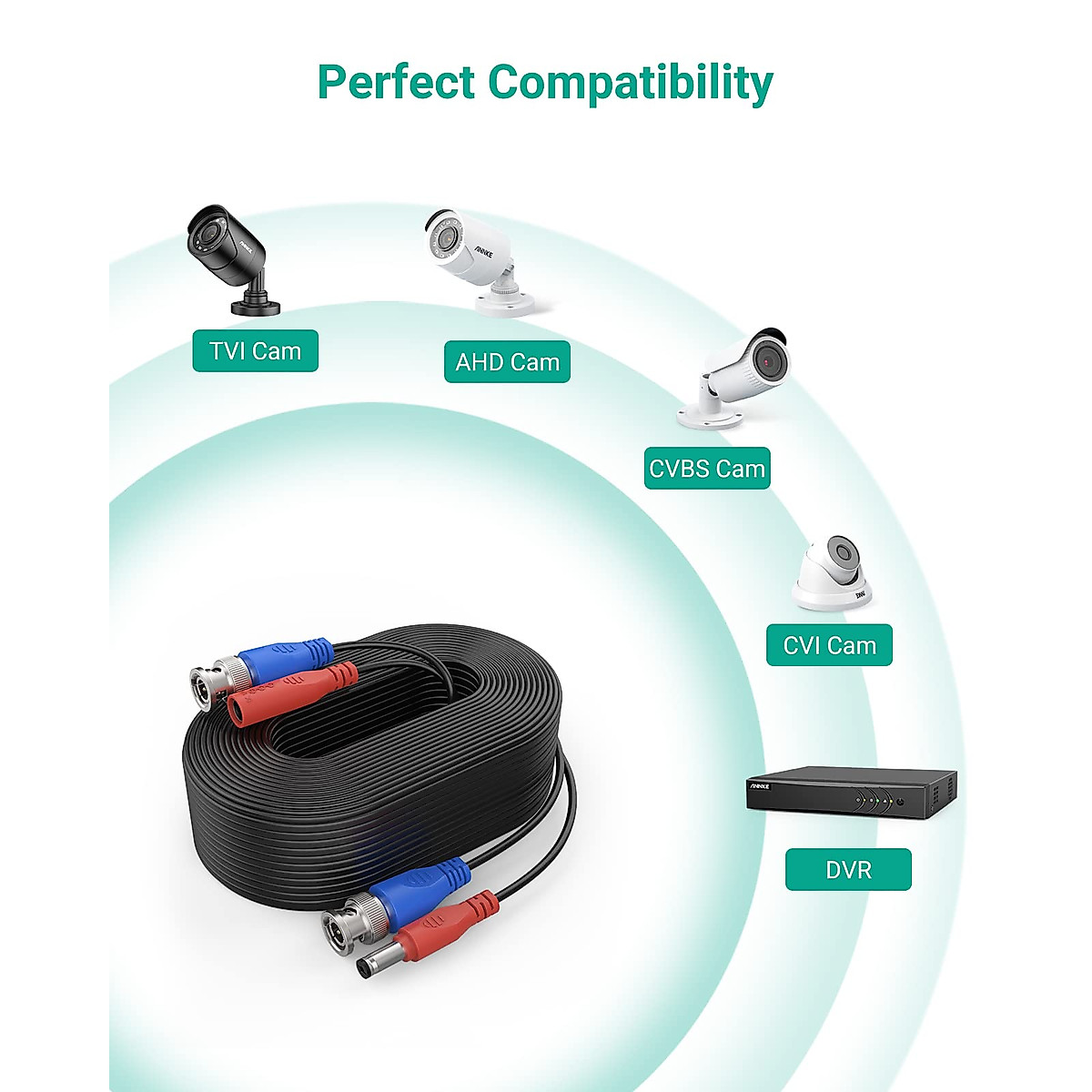 ANNKE 4 Pack 30M/100ft All-in-One Video Power Cables, BNC Extension Surveillance Camera Cables for CCTV Security DVR System Installation, Free 8 x BNC Connectors and 100pcs Cable Clips Included