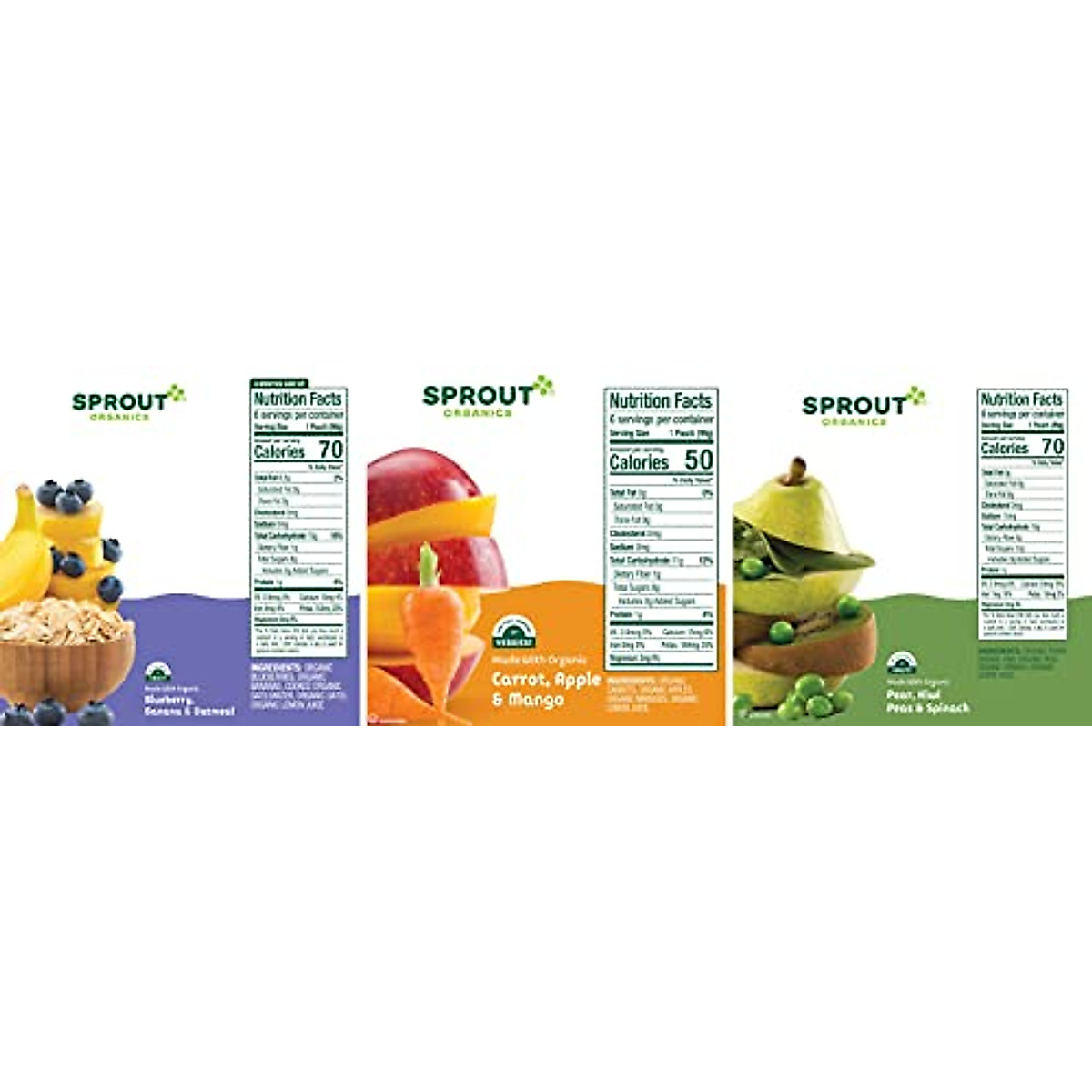 Sprout Organics, Stage 2 Variety Pack, Carrot Apple Mango, Pear Kiwi Peas Spinach & Blueberry Banana Oatmeal, 6+ Month Pouches, 3.5 oz (12-count)