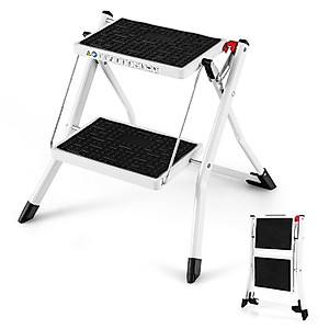 Goplus 2 Step Ladder, Lightweight Folding Step Stool with Anti-slip Pedals, Non-slip Foot Covers, Heavy Duty Metal Stepladder for Household, Kitchen, 330 LBS Weight Capacity, White & Black