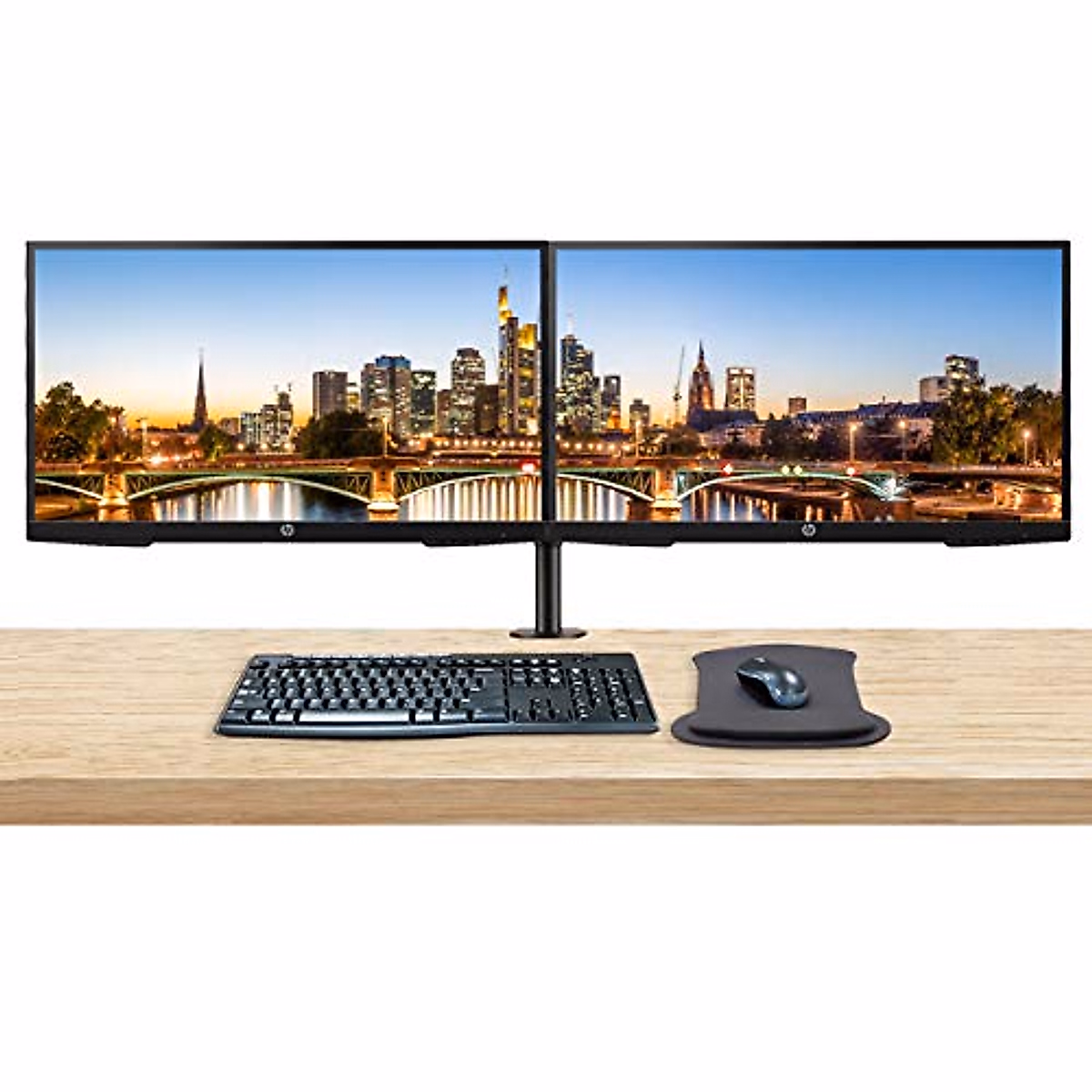 HP P27h G4 27 Inch FHD IPS LED-Backlit LCD 2-Pack Monitor Bundle with HDMI, Integrated Speakers, Blue Light Filter, Dual Monitor Stand, MK270 Wireless Keyboard and Mouse, Gel Pad