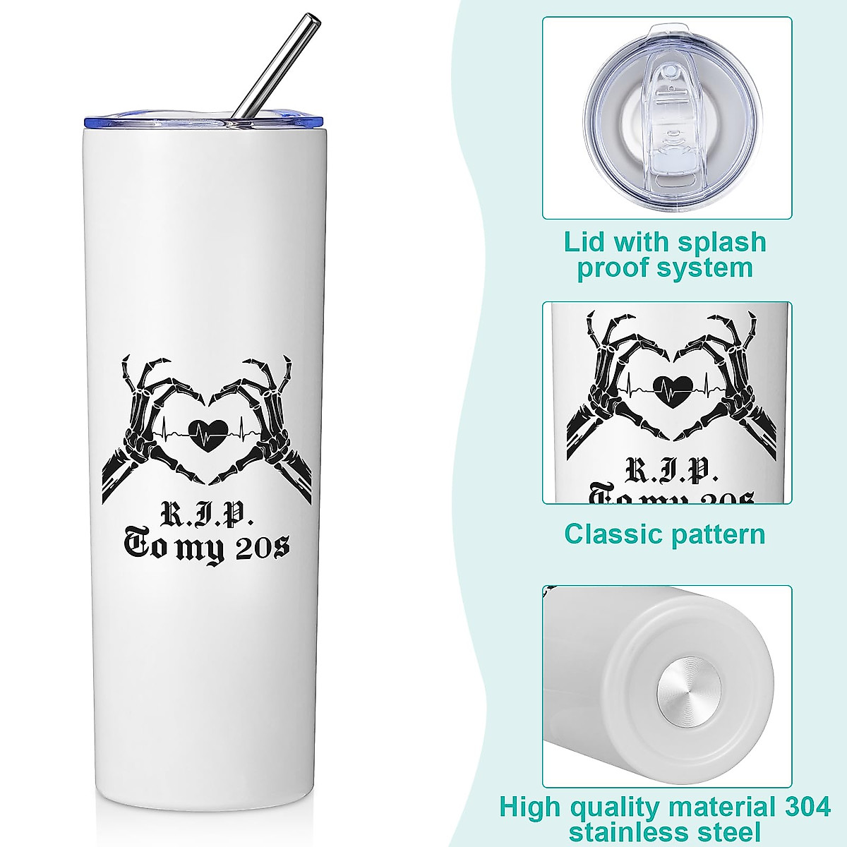 Maxcheck 2 Pcs 30th Birthday Gift for Women Mens Rip to My 20s, Death to My 20s Birthday Party, White and Black Skinny Tumblers with Lids and Straws, Funny Christmas Gift for Couple