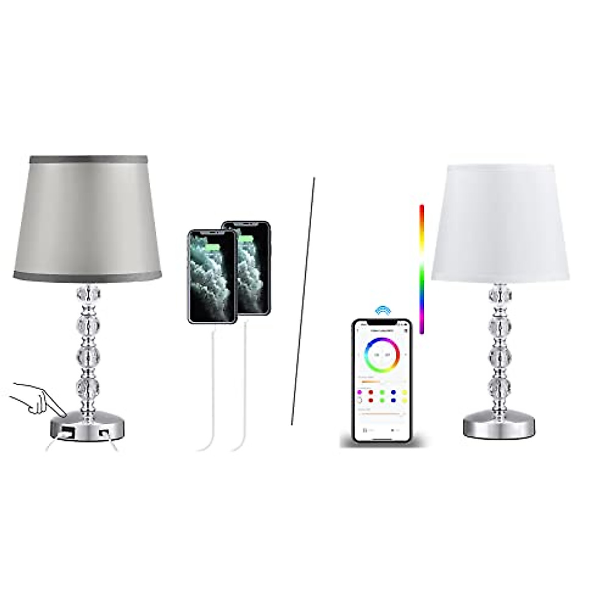 Unfusne Crystal Lamp with USB Port Set of 2 - Nightstand Lamp with Fabric Shade, Small Lamp Set of 2 for Living Room, Dorm, Home,Office