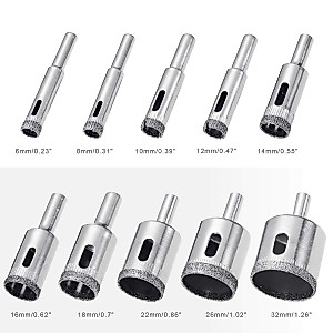Baban Diamond Drill Bits,10Pcs Hole Saw Diamond Drill Bit Hollow Core Drill Bit Set for Diamond Coating, Carbon Steel for Glass, Ceramics, Porcelain, Ceramic Tile, Marble, 6-32mm Hand Tools