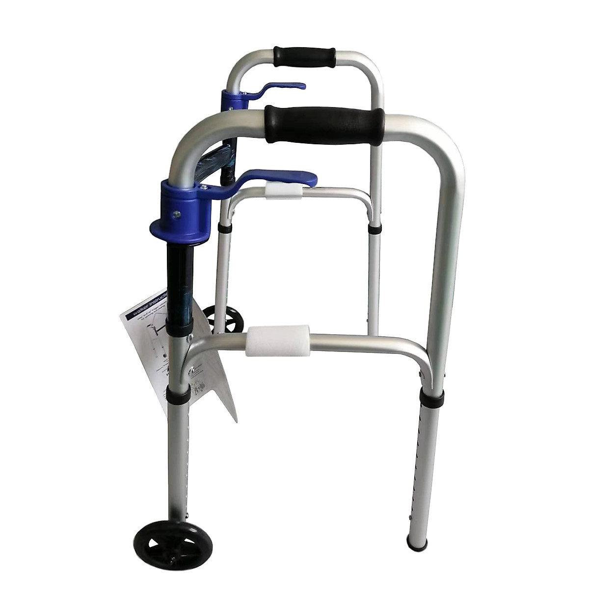 HEALTHLINE 2 Wheel Walker for Seniors & Adults - Deluxe Lightweight Foldable Walker with Wheels 5" up to 350 lbs and FREE 2 Pair of Rear Glides & Triggers (Blue)