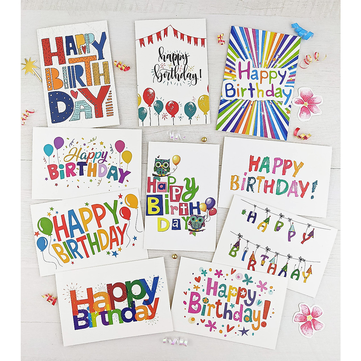 100 Happy Birthday Cards Bulk, Blank Inside with Envelopes and Stickers, – 20 Unique Bright Colorful Designs Notes, Large 5x7 Inches Folded, Thick Cardstock in a Sturdy Packaging