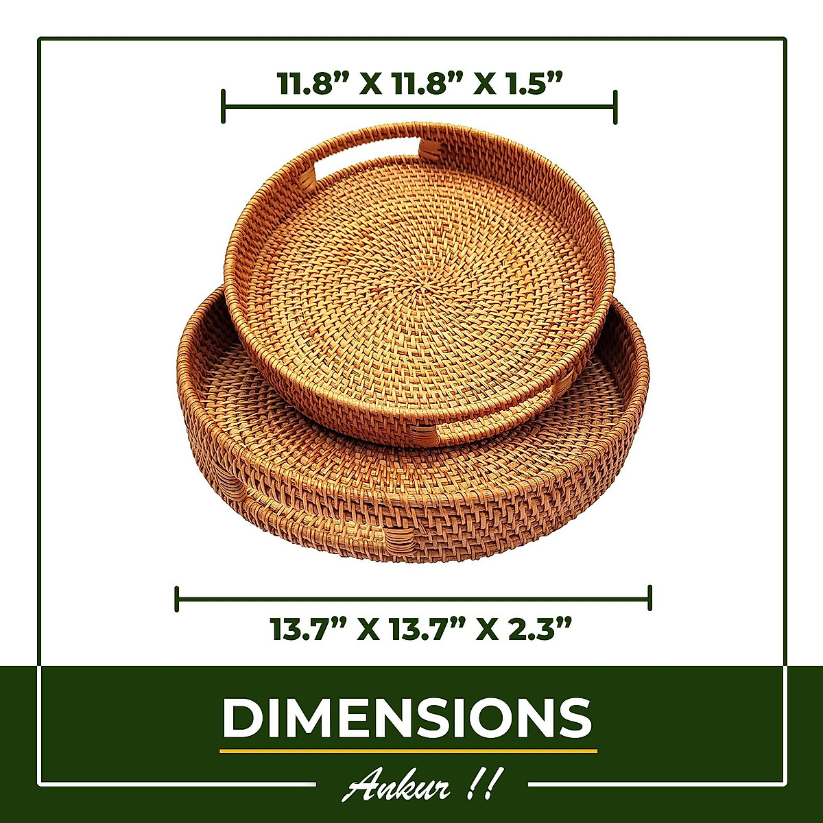 ANKUR Round Rattan Serving Tray with Handles- Decorative Woven Ottoman Trays with Handle,Coffee Table Basket,Natural Basket Wave Tray, Bathroom Decor (L- 13.7 Inch & M- 11.8 Inch)