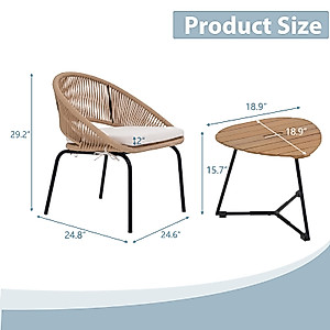 Yangming Patio Furniture Set, 3 Piece Outdoor Bistro Chair Conversation Sets Woven Rope with Wood Coffee Table for Yard Backyard Lawn Garden Porch Backyard Deck Poolside Balcony