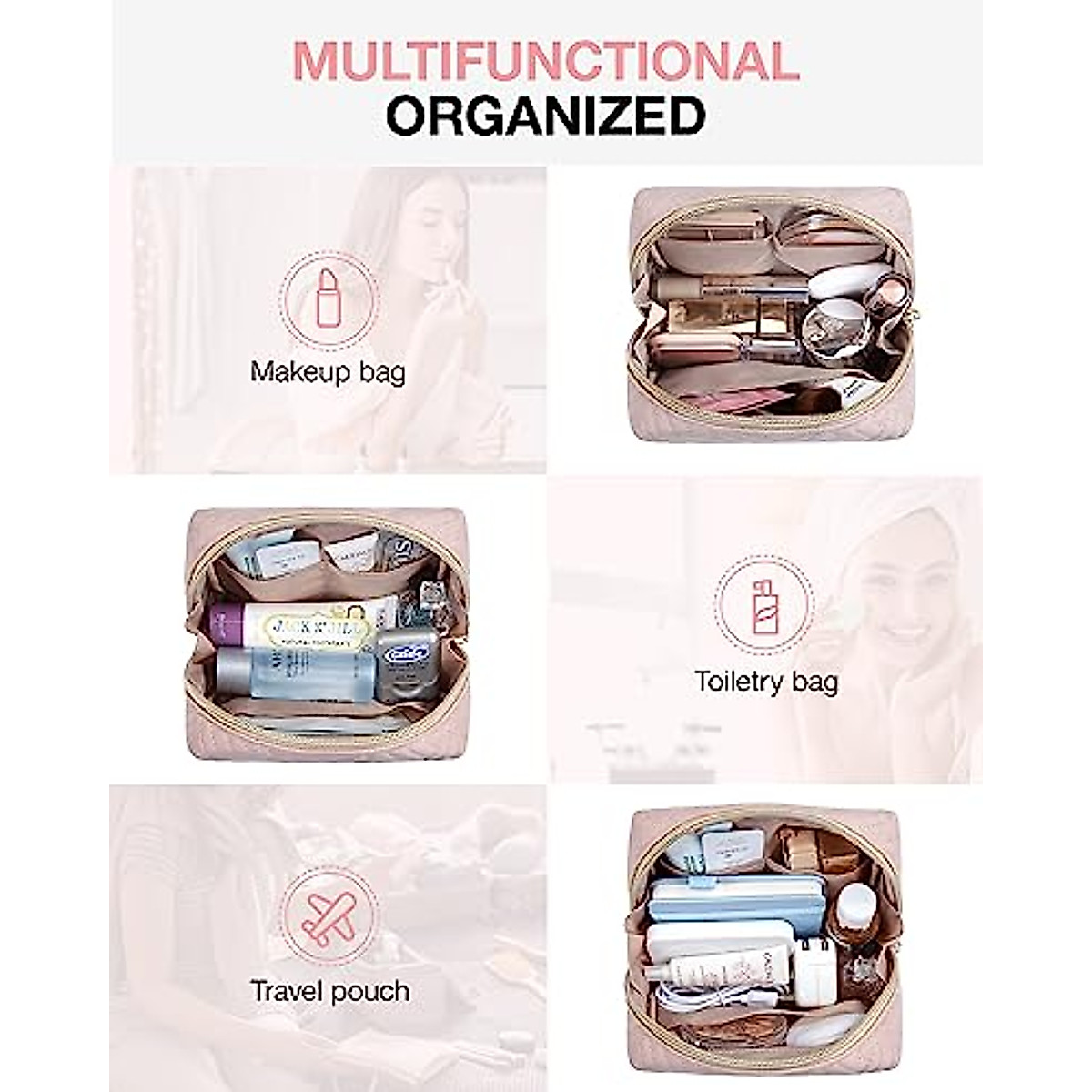 BAGSMART Small Makeup Bag, Travel Cosmetic Bag Make Up Pouch Small Travel Essentials for Women Dorm Room Essentials Pouch,Water-resistant Toiletry Bag,Makeup Organizer Bag,Pink