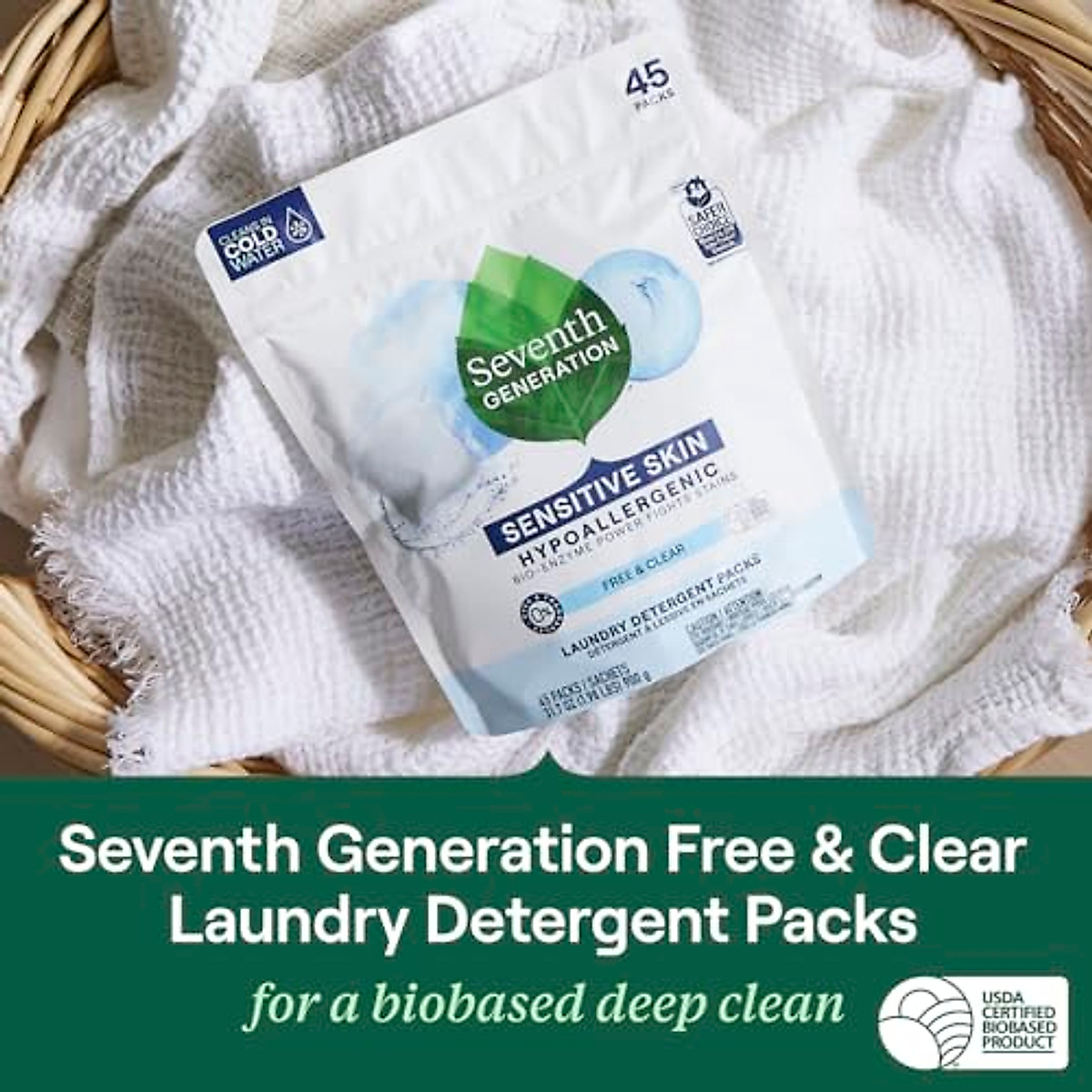 Seventh Generation Laundry Detergent Packs, Free & Clear, Made for Sensitive Skin, 90 Loads (2 pouches, 45 Ct EA)