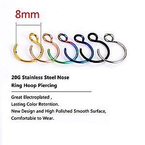 20G Stainless Steel Nose Rings 8mm Nose Cuff Piercing Jewelry Hoop for Faux Lip Septum Boby Piercing (6 pcs)