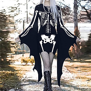 CRNTCEM Halloween Gothic Dress for Women Bat Sleeves Skull Print Vampire Gown Sexy Wrap Slim V-Neck Luxurious Skirt Steampunk Masquerade Ball Gown Cosplay Renaissance Dress Navy