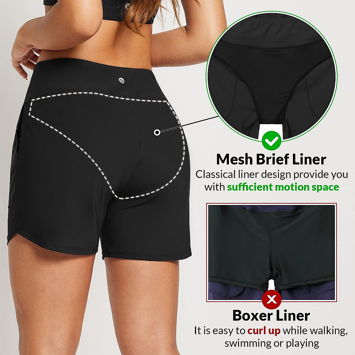 BALEAF Women's Swim Shorts Tummy Control Modest Swimsuits Bathing Suit Bottoms 5" Board Shorts Beach Trunks with Pockets Black 3XL