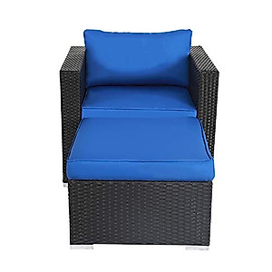 Patio Furniture Set with Ottoman, Outdoor PE Rattan Wicker Conversation Sofa Set W/Ottoman Footstool Set for Garden, Patio, Balcony, Beach, Space Saving Design(Dark Blue Cushion)