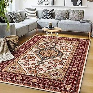 Traditional Collection Oriental Area Rug, 5’ x 6.6’ Non-Slip Washable Rugs for Living Room, Red Medallion Nursery Room Apartment Bedroom Rug Large Carpet for Dining Room Studio Office