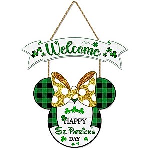 St Patrick's Day Door Sign Decorations Wood Hanging Signs, Mouse Welcome Front Door Decor Shamrock, Wooden Large Size Happy St. Patrick's Day Party Decor, Irish Home Window Wall Yard Signs 2 Panels
